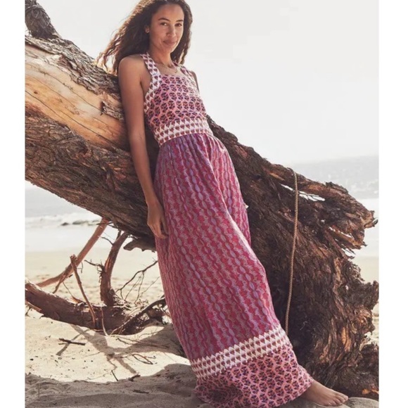 Faherty | Dresses | Nwt Faherty Gracie Linen Maxi Dress Bali Bloom Pinafore Style Sleeveless ...